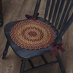 VHC Brands Tan Jute Striped Textured Primitive Tabletop Kitchen Tie Back(s) Round Chair Pad Set of 6, Set King, Burgundy Red