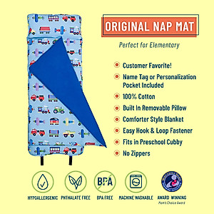 Wildkin 12 Inch Backpack Bundle with Original Nap Mat (Trains, Planes & Trucks)