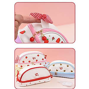 JHTPSLR Large Kawaii Pencil Pouch Cute Preppy Pencil Pouch Bowknot Strawberry Bear Love Hearts Aesthetic Pencil Case PU Waterproof Pen Bags Stationery Storage Organizer Supplies (White Strawberry)