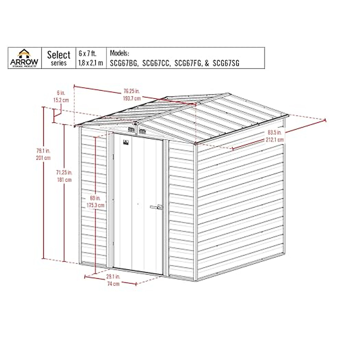 Arrow Select 6' x 7' Outdoor Lockable Steel Storage Shed Building, Charcoal