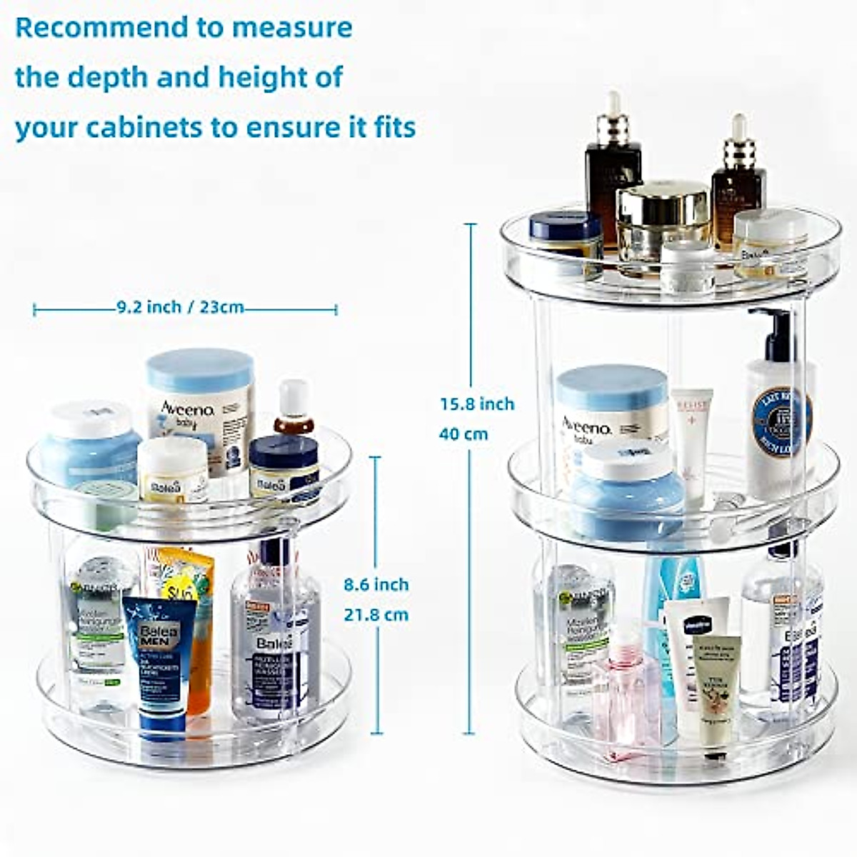 Lazy Susan Turntable 2-Tier Pantry Organization and Storage Spice Rack Spinning Cabinet Organizer Rotating Condiment Tray Spinner for Kitchen Vanity Bathroom Jewelry Makeup Cosmetic 9.2-Inch Clear