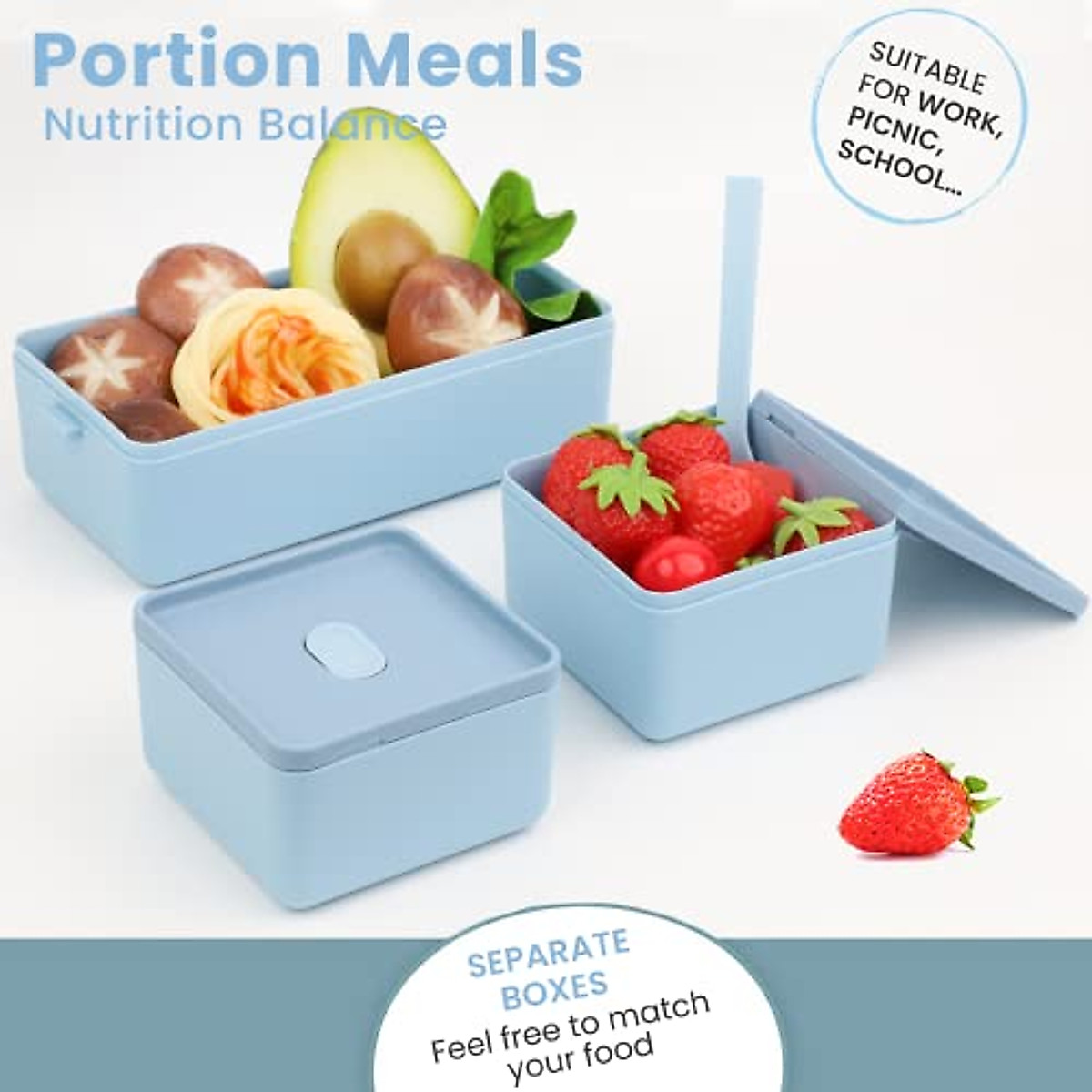 Bugucat Lunch Box 45 OZ, Double Stackable Bento Box Container Meal Prep Containe With Cutlery, 2 Tier and 3 Compartment Design Food Containers for Lunch Snacks,Lunch Box for Adults Blue