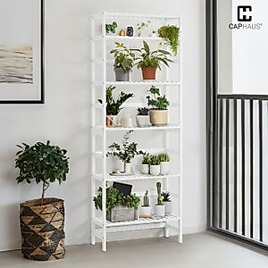 CAPHAUS 6-Tier Bamboo Shelf, Bamboo Open Storage Bookcase with Adjustable Layer, Freestanding Plant Display Stand, Multifunctional Storage Rack Stand for Bathroom, Bedroom, Kitchen, White
