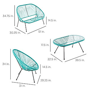 Best Choice Products 4-Piece All-Weather Acapulco Conversation Set, Outdoor Patio Furniture w/Loveseat, Woven Plastic Rope, Glass Top Table, 2 Chairs - Teal