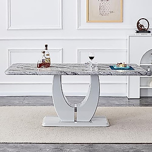 JUFU Faux Marble Dining Room Table Set for 8,Rectangula Kitchen Table Set with Faux Marble Tabletop＆6 Pu Leather Upholstered Chairs Ideal for Dining Room, Kitchen (White, 71'')