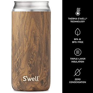 S'well Stainless Steel Chiller Triple-Layered Vacuum-Insulated Keeps Drinks Cool and Hot for Longer-Dishwasher-Safe BPA-Free for Travel, 16-19oz Cans and Bottles, Teakwood