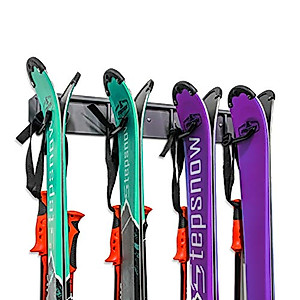 Ski Storage Rack, Wall Mounted, Holds 4 Pairs of Skis & Skiing Poles or Snowboard, for Home and Garage Storage, Wall Mounted, Heavy Duty, Rubber-Coated Hooks,
