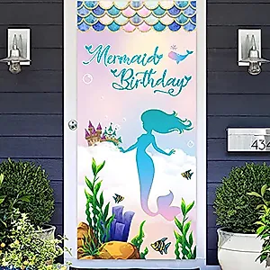 Mermaid Happy Birthday Banner Backdrop Background Castle Tropical Fish Scales Under The Sea Theme Decorations Decor for Girls Princess Daughter 1st Birthday Party Baby Shower Flag Supplies Favors