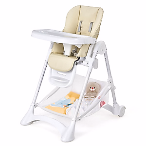 BABY JOY High Chair for Babies & Toddlers, Quick Folding Baby Highchair w/ 2 Lockable Wheels, Large Storage Basket, Removable Double Trays, Detachable PU, Adjustable Height,Backrest & Footrest (Gray)