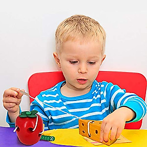 Early Development Toys Wooden Lacing Toys, Montessori Activity Caterpillars Eat Apple and Kids Cheese Toys, Children Learning Educational Wood Block Puzzles Toy for Toddlers Boys Girls
