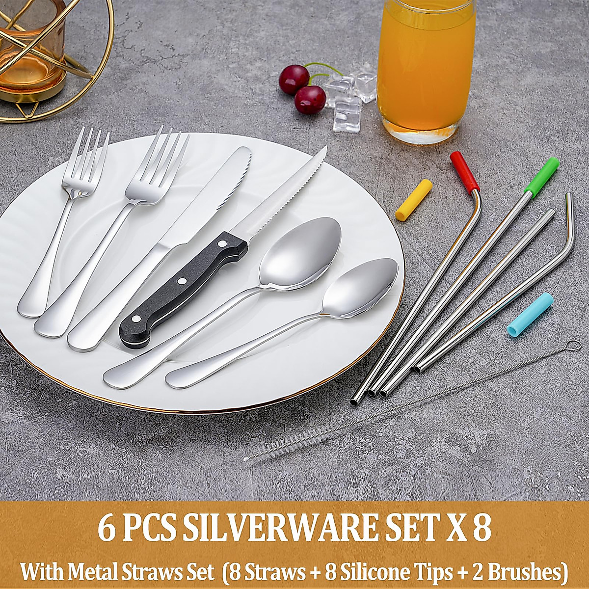 56 Pcs Silverware Set with Steak Knives and Metal Straw for 8,Stainless Steel Flatware Set, Mirror Polished Cutlery Utensil Set, Home Kitchen Eating Tableware Set,Fork Knife Spoon Set,Dishwasher Safe
