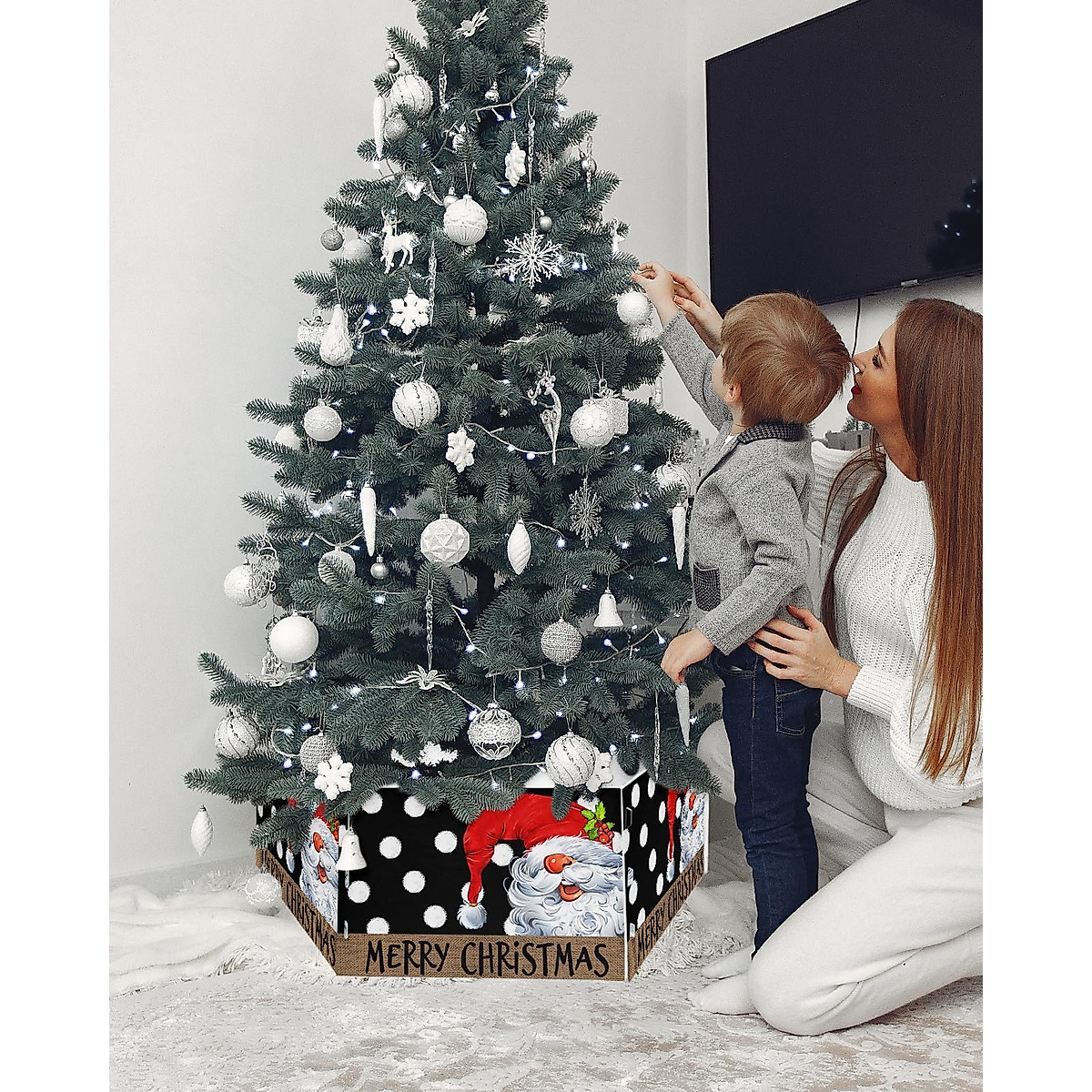 Christmas Boho Christmas Tree Collars for Artificial Trees, Christmas Tree Ring Xmas Tree Base Stand Cover Tree Skirts for Xmas Tree Decorations Holiday Party Red Gnomes Black White Dots 17'' x 10''