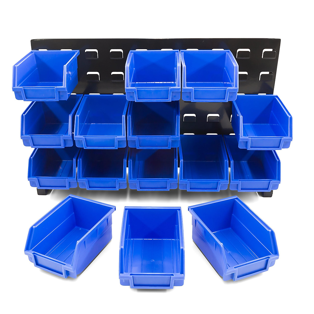 DJC Supply Heavy Duty Storage Bin Set & Steel Panel for Hanging Bin, Bench Mountable Steel Rolled Panel, 15 Bins included, Great for organzing Tools, Parts, and More. (20"X13" Bench Panel Set)