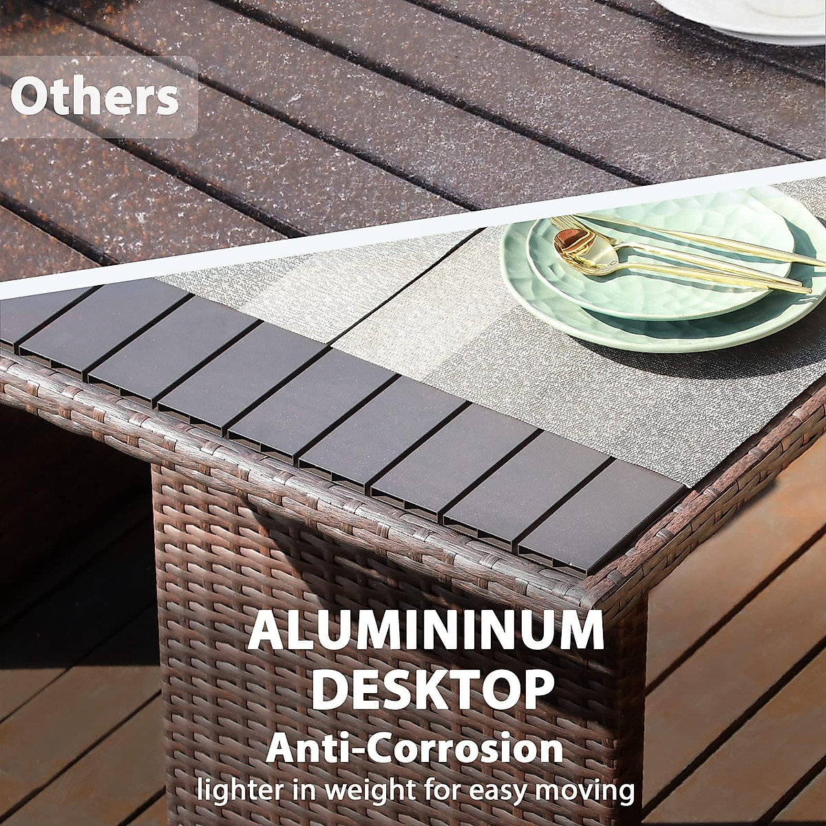 JOIVI 7 Piece Patio Furniture Set, Patio Dining Sofa Set, Outdoor Sectional Sofa Conversation Set All Weather Wicker Rattan Couch Dining Chair & Table with Ottoman, Brown Rattan Beige Cushion