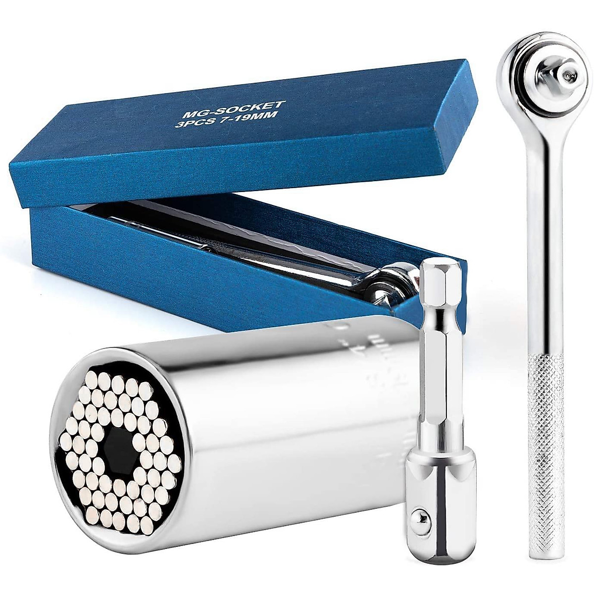 Universal Socket Gifts for Men, Owlbbabies 3Pcs Multi-function Universal Socket Wrench Set with Bushing Ratchet Wrench, Power Drill Adapter(7-19mm), Gadgets Gifts for Men/Dad/Husband/DIY Handyman