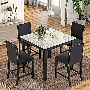 RUNWON 5-Piece Counter Height Set with Faux Marble Dining Table and 4 Upholstered-Seat Chairs, OneSize, Black