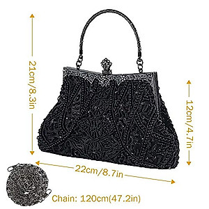 HOOLUCK Vintage Roaring 20s Beaded Sequined Evening Bag 1920s Flapper Clutch Gatsby Pearl Purses and Handbags… (Black)