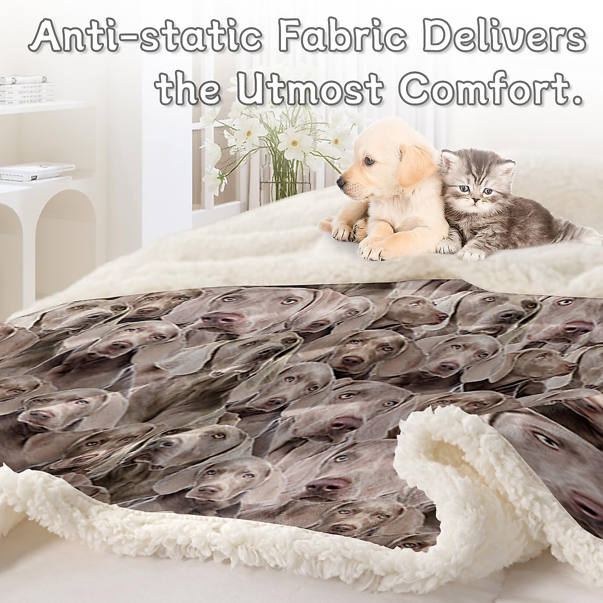 BlessLiving Fuzzy Dog Blanket for Kids Adults Puppy Lovey Fleece Blanket Reversible Animal Pattern Sherpa Throw (Weimaraner, 108x 90 Inches)