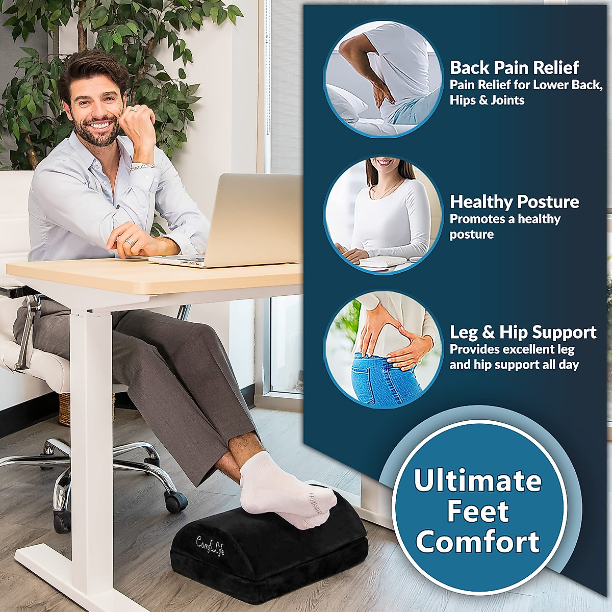 ComfiLife Foot Rest for Under Desk at Work – Adjustable Memory Foam Foot Rest for Office Chair & Gaming Chair – Ergonomic Design for Back & Hip Pain Relief (Black)