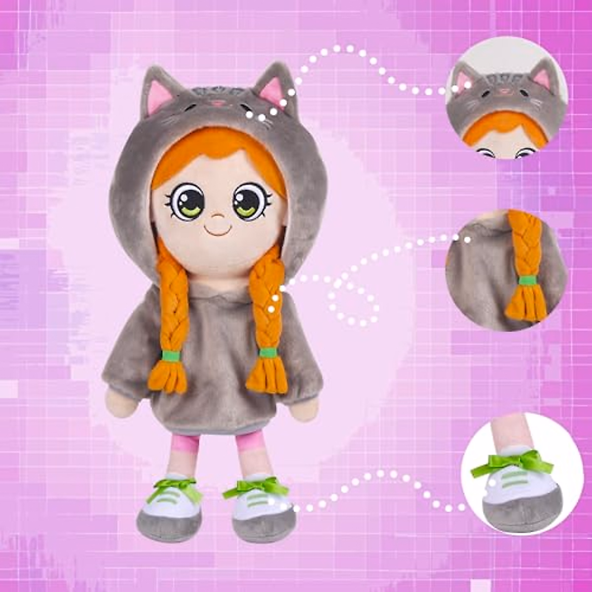 17" Soft Baby Doll Toys, My First Baby Doll with Grey Cute Kitten Character Hoodie Cloth, Soft Stuffed Rag Dolls for Toddler Kids Infants