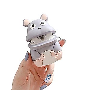 ICI-Rencontrer Compatible with Earbuds Case Airpods 1 & 2, Kids Girls Women 3D Cute Vivid Distinctive Grey Hippo Mice Animals Design Wireless Charging Earphone Soft Silicone Shockproof Protector Hook
