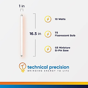 F10T5 Fluorescent Bulb by Technical Precision - 10 Watt Warm White 3000K Fluorescent Tube T5 - Overall Height 16.25 Inches - Great for Fixtures, Counters, and Cabinets - 1 Pack
