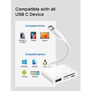 4-in-1 USB C SD Card Reader, JSAUX USB-C Micro SD Card Reader with (USB 3.0 & Charging) Port Compatible with iPhone 16/16 Plus/16 Pro/16 Pro Max, Android, Mac, Galaxy, iPad Pro, Camera -White