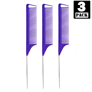 Generic 3 Pack Rat Tail Comb Steel Pin Carbon Fiber Heat Resistant Parting Combs with Stainless Steel Pintail Purple