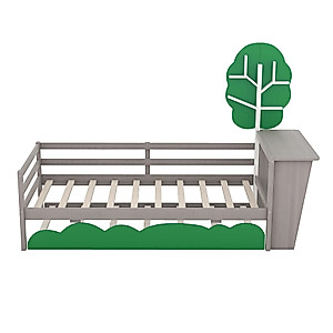 Lifeand Twin Size Wooden Daybed with Desk, Green Tree Shape Shelves and Trundle, Gray