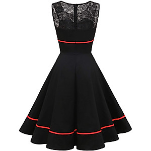 Bbonlinedress 50s Vintage Cocktail Semi Formal Homecoming Dress Swing Retro Black and Red Floral Lace Rockabilly Prom Tea Party Wedding Geust Dress Black S