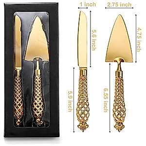 yarlung Gold Cake Knife and Server Set, Elegant Wedding Cake Cutting Serving Set with Luxurious Handle, Pie Cutter Spatula Utensils for Birthday Party Events, Valentine's Day Gift