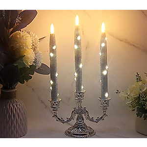 CFDECOR Flameless Glitter Taper Candles with Embedded String Lights, Battery Operated Candle with Timer & Remote, LED Tapered Dinner Candle. for Xmas, Dining, Wedding Décor,Set of 3 (Silver) H: 10"