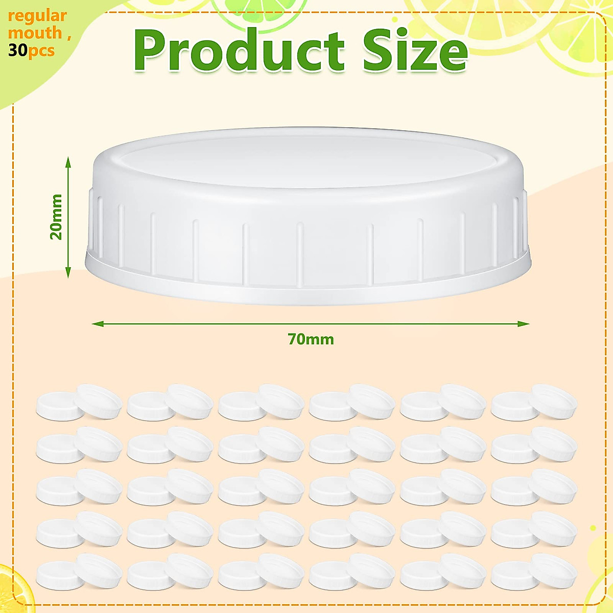 30 Pcs Mason Jar Plastic Lids Regular Mouth Plastic Storage Caps with Rubber Seal Replacement Plastic Lids for Mason Jars Canning Jars and More (70 mm, White)