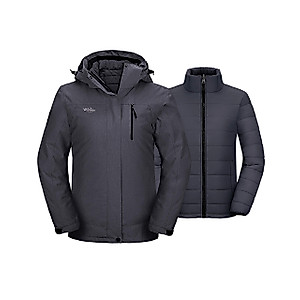 wantdo Women's 3-in-1 Waterproof Ski Jacket Warm Hooded Winter Coat Rain Jackets Dark Gray L