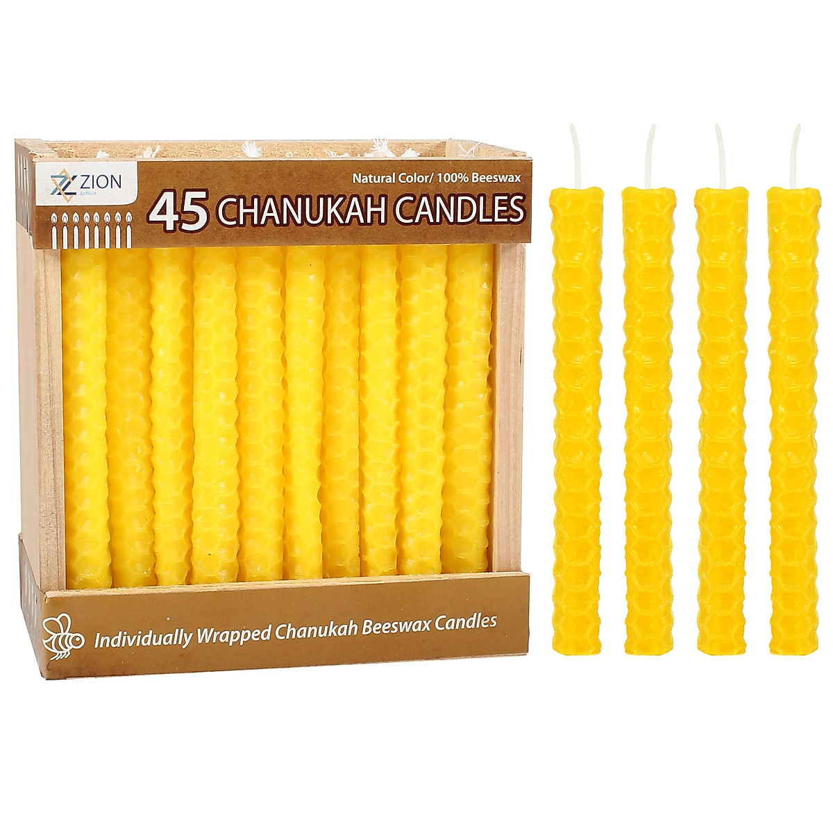 Zion Judaica Natural Beeswax Hanukkah Candles Set In A Wooden Crate Honeycomb Design Chanukkah Celebration Candles Honey Scented Aroma Candle Set of 45 Yellow bees Wax Chanukah Candle Set Holiday Gift