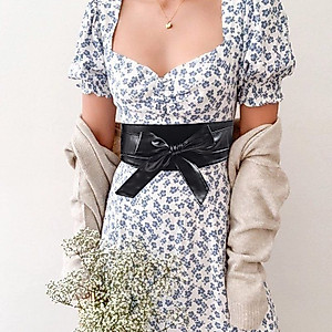 Woman Wide PU Leather Belt Obi Belt Self Tie Cinch Belt Wrap Around Bowknot Waistband Bright Color for Dress