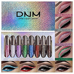 8 Colors Liquid Glitter Eyeliner Set delineadores de colores para ojos DNM Silver Gold Blue Green Shimmer Sparkly Sparkling Colorful Glitter Gel Liquid Eyeliner Liner Pen Pack Makeup Glitters for Eyes