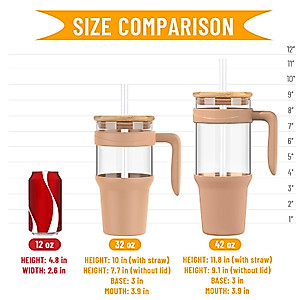 Tronco 40 oz Glass Tumbler with Handle, Reusable Glass Tumbler with Straw and Lid, Iced Coffee Cup with Bamboo Lid, Glass Water Bottles Fit in Cup Holder, Smoothie Cup