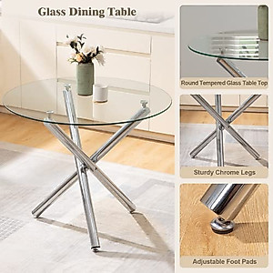 5 Pieces, Dinner Table Set for 4, Dining Table Set for 4, 1 Round Glass Dining Table and 4 Faux Leather Kitchen Chairs for Dining Room, Small Space, Apartment, Living Room, Chrome Metal Legs, Grey