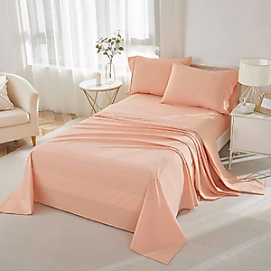 Brandream Full Size 4 Piece Bedding Sheet Set - Breathable & Cooling Bed Sheets - Luxury Bed Sheets for Kids, Teens, Women & Men - Deep Pockets 100% Cotton Linen Like Textured Durable Soft (Blush)