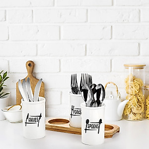 Youeon 3 Pcs Ceramic Silverware Caddy Utensil Holder for Countertop, Silverware Organizer with Bamboo Tray, Spoon and Fork Holder, Flatware Organizer Utensil Caddy for Counter, Cabinet, Restaurant