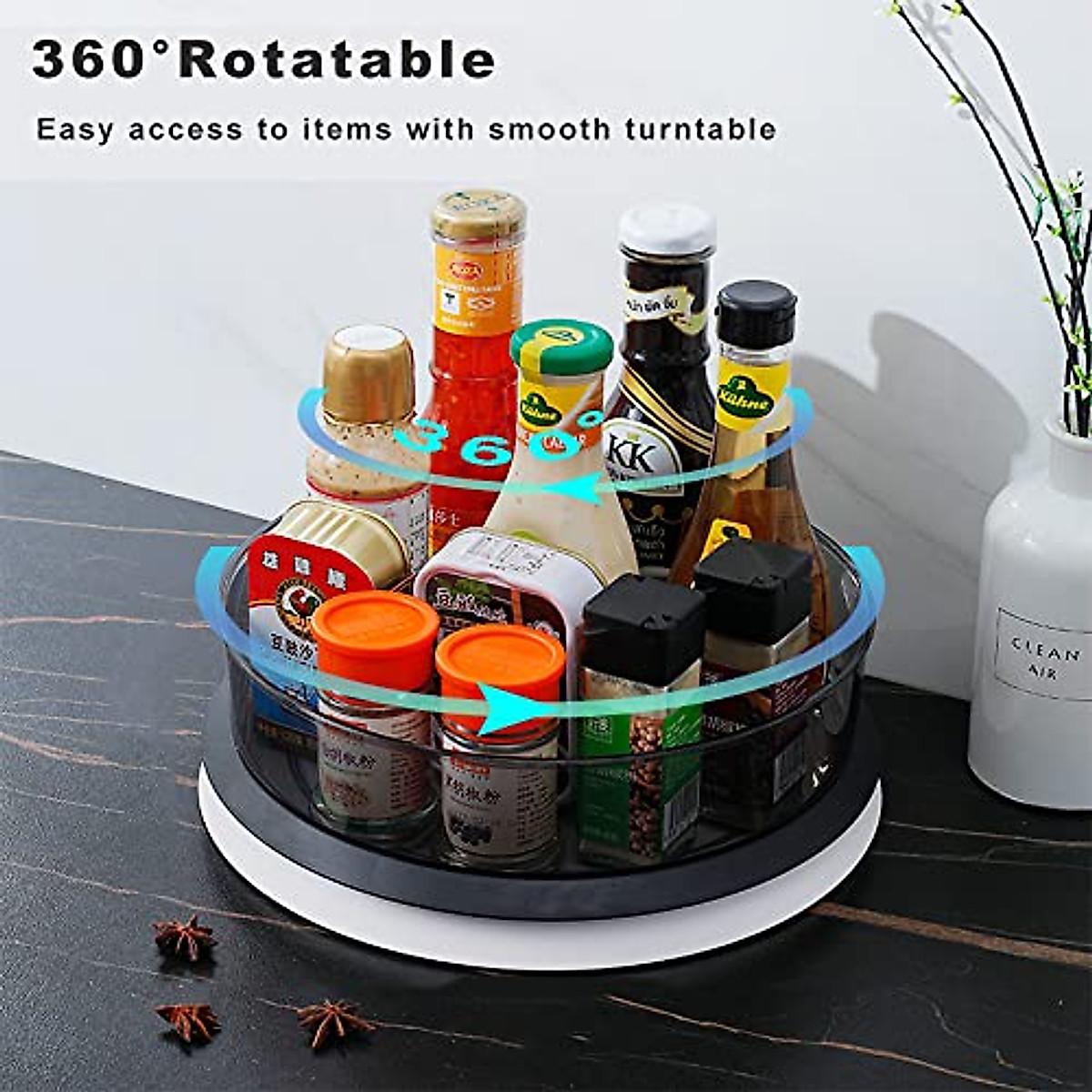 Lazy Susan Turntable Storage Organizer, Grey Transparent Border Anti-Slip Single Tier Lazy Susan 11.22" Spice Rack, 360 Degree Rotating Acrylic Cabinet Organizer for Kitchen Cosmetic Pantry Bathroom