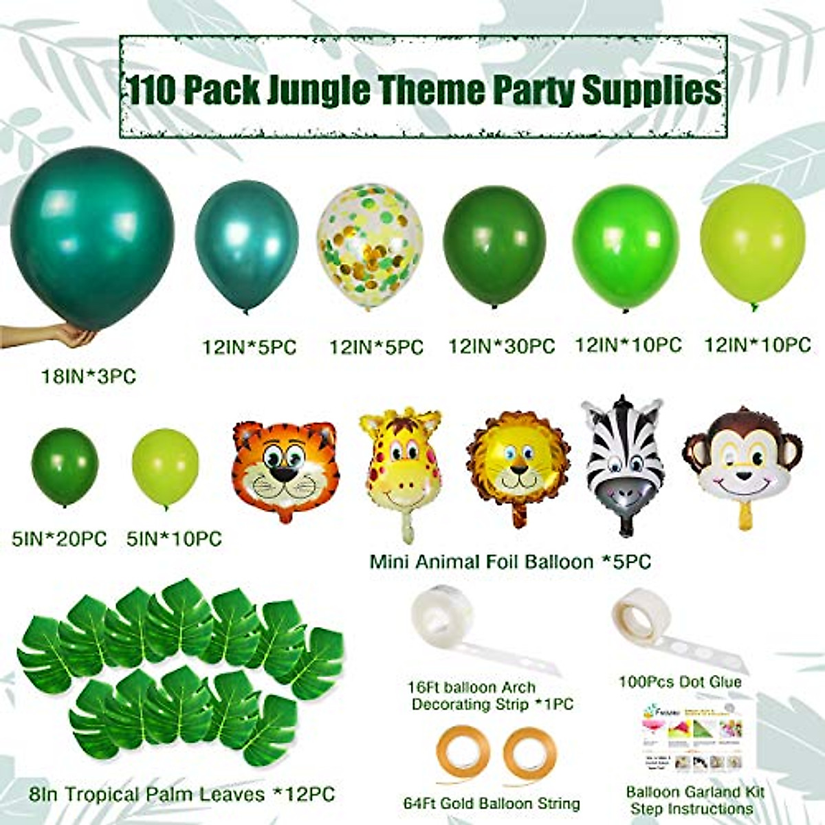 Jungle Party Balloons Garland Kit - 110pcs Latex Balloons Animal Foil Confetti Balloon Arch Palm Leaves Set for Jungle Theme Baby Shower Party Decorations, Safari Woodland Birthday Party Supplies