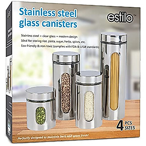 Estilo Stainless Steel Canister Sets for the Kitchen Counter - Silver Canister Set with Glass Windows - Multiple Sizes, Set of 4