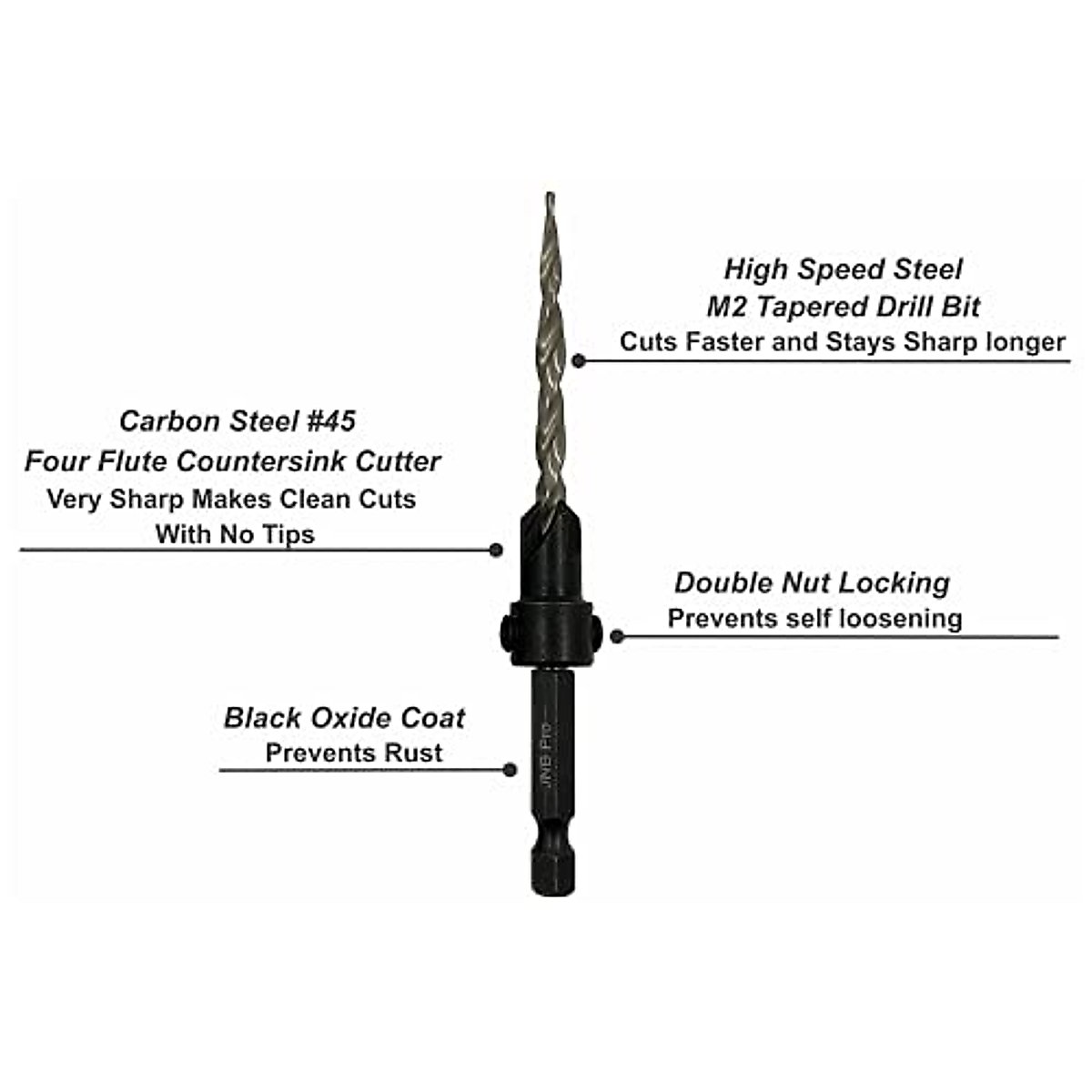 JNB Pro Wood Countersink Drill Bit Set JP0506, 5 Pc #6(9/64"), 2 Extra Bits 9/64 Tapered Drill Bit, 1 Adjustable Collar, 1 Wrench - 1/4" Quick Change Shank, Ideal Woodworking and Carpentry Tool Set