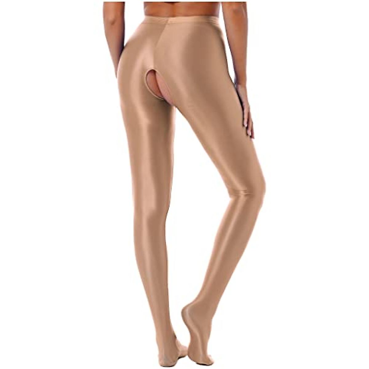 Lejafay Women Shiny Oil Pantyhose Footed Silk Stockings Ultra Shimmery High Waist Translucent Tights Coffee X-Large