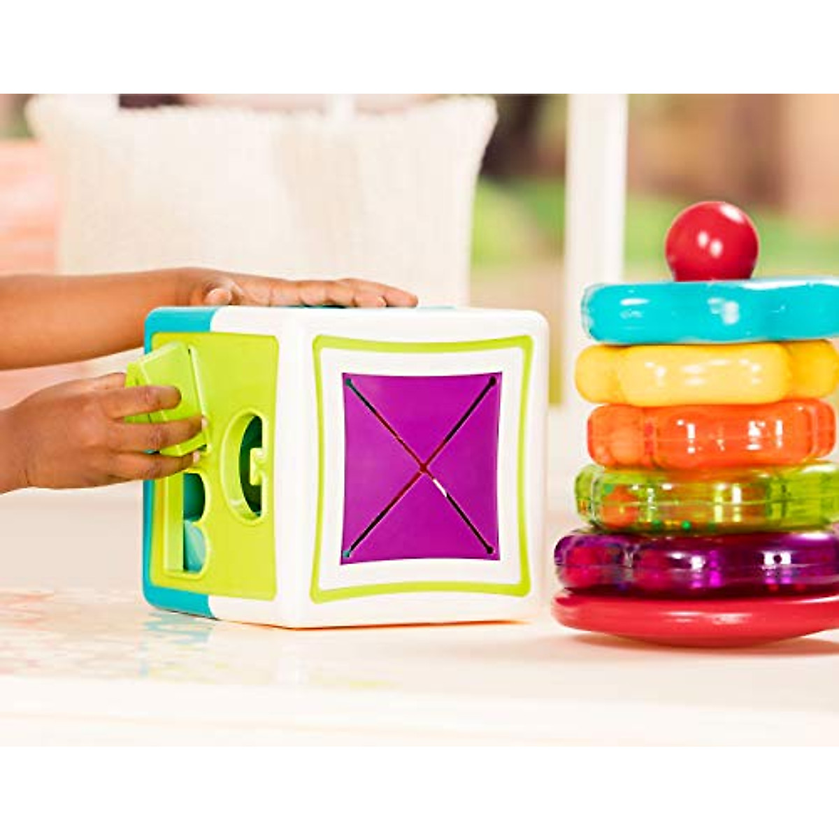 Battat – Sort & Stack Combo – 17-Piece Sensory Sorting Set – Activity Cube With Bead Maze – Educational & Dexterity Toys – 2 Years + – Shape Sorter Cube + Stacking Rings