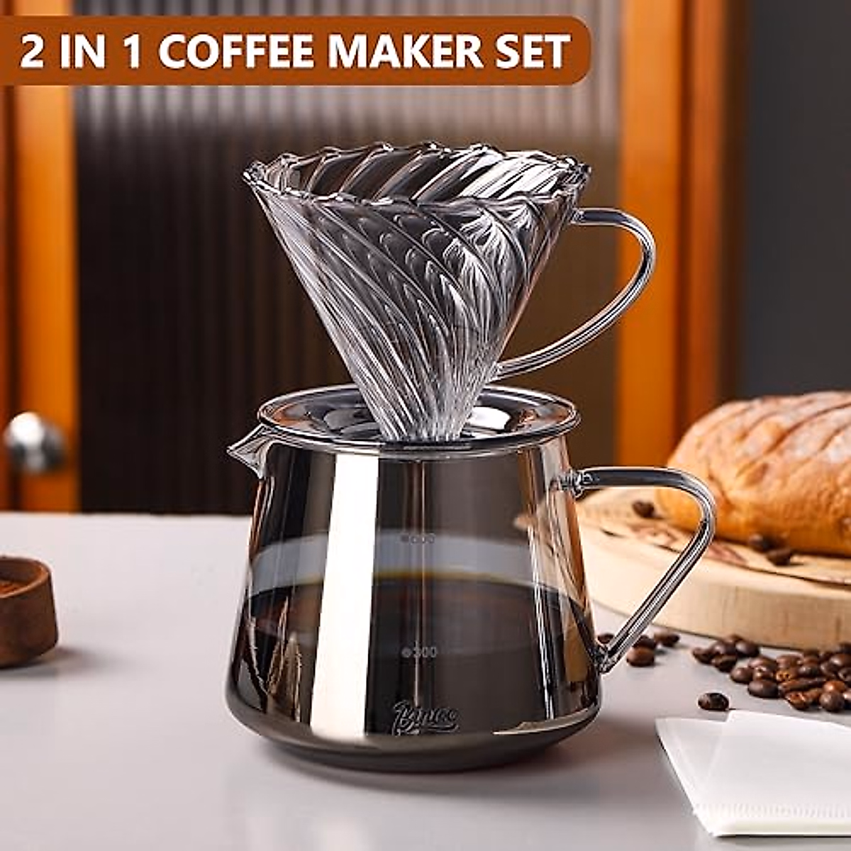 Bincoo Glass Coffee Server Set 600ml- Glass Pour Over Coffee Maker Set with Dripper, V60 Coffee Pot with 50 Count Paper Filter for Home and Office (Dark Gray)