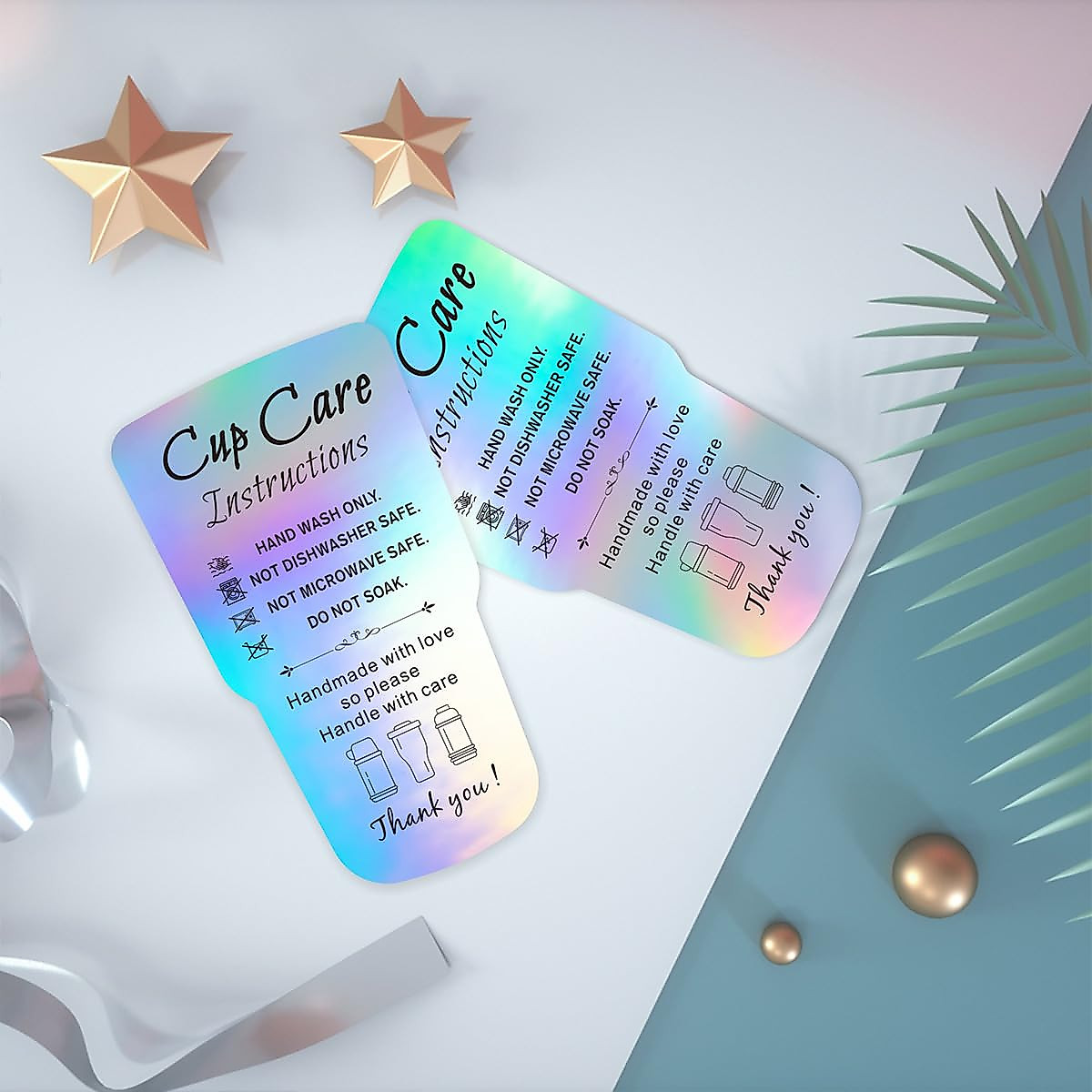 240 PCS Tumbler Care Instructions Holographic Cards Packaging Customer Direction Card for Tumbler, Cup, 3.5 x 2 InchMug Small Business Online Shop Owner