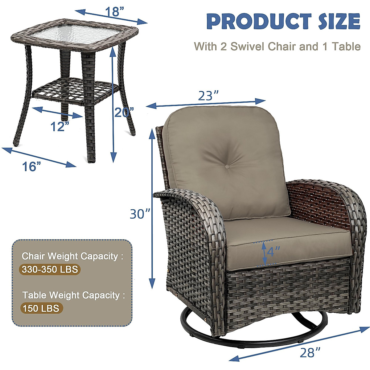 TIMWNER 3-Piece Swivel Rocker Wicker Chair Set of 2 ，360-Degree Rocking Chairs Outdoor with Cushions，Glass Table for Garden,Backyard, Bistro.Brown